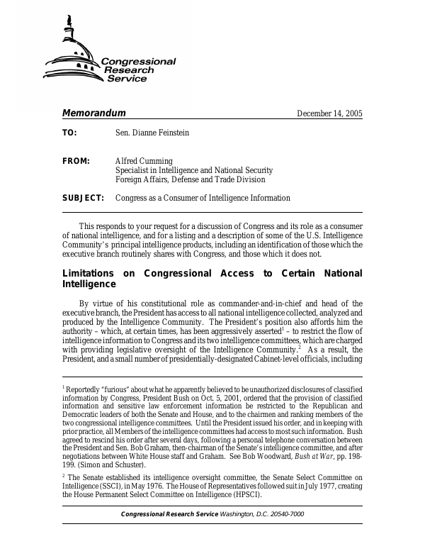 Congress as a Consumer of Intelligence Information - EveryCRSReport.com