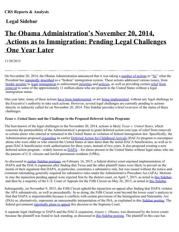 The Obama Administration's November 20, 2014, Actions as to Immigration ...