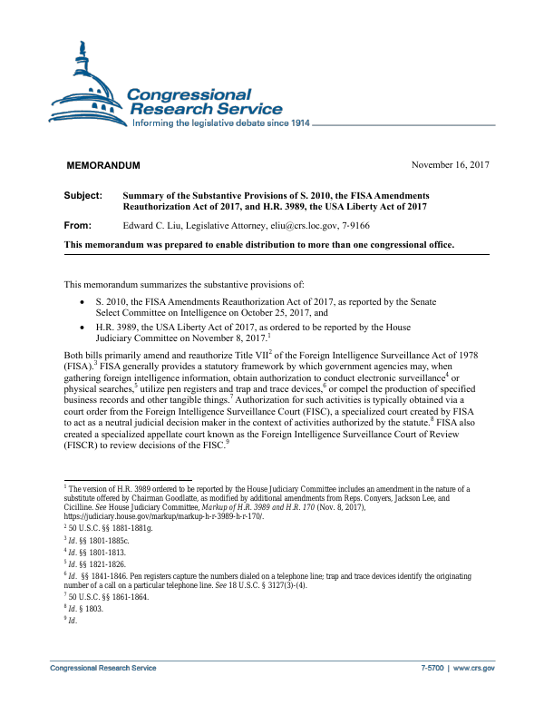 Summary of the Substantive Provisions of S. 2010, the FISA Amendments ...