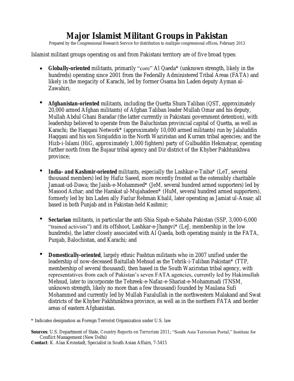 Major Islamist Militant Groups in Pakistan - EveryCRSReport.com