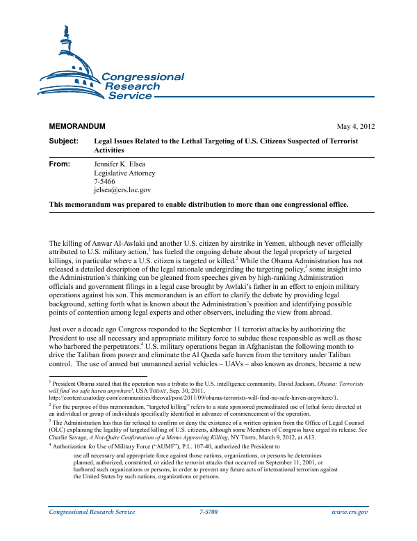 Legal Issues Related to the Lethal Targeting of U.S. Citizens Suspected ...