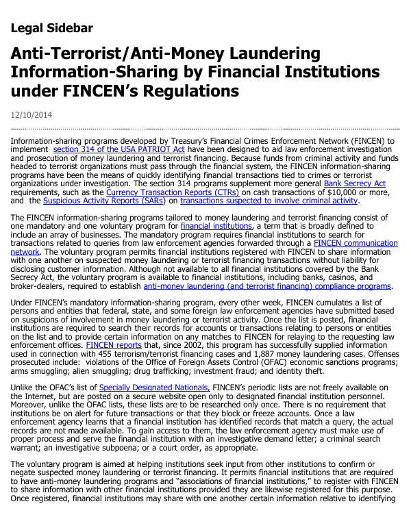 Anti-Terrorist/Anti-Money Laundering Information-Sharing by Financial ...