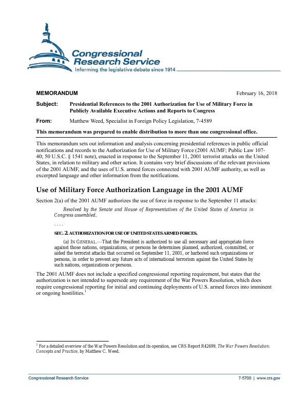 Presidential References to the 2001 Authorization for Use of Military ...