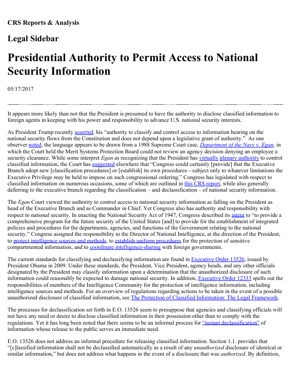 Presidential Authority to Permit Access to National Security ...