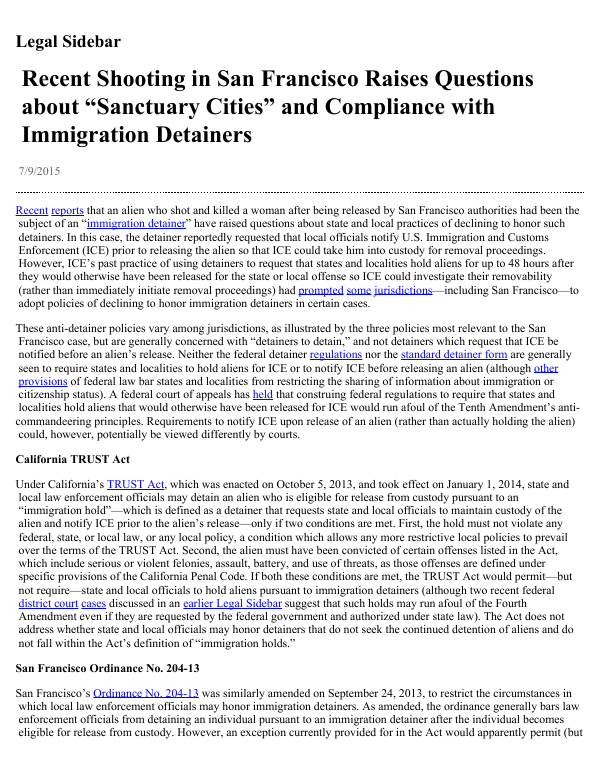 Recent Shooting in San Francisco Raises Questions about "Sanctuary ...