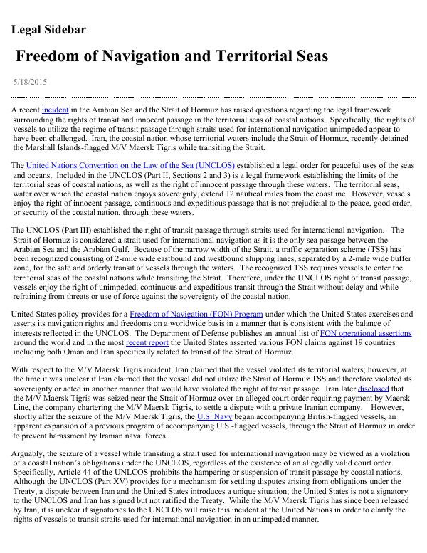 Freedom of Navigation and Territorial Seas - EveryCRSReport.com